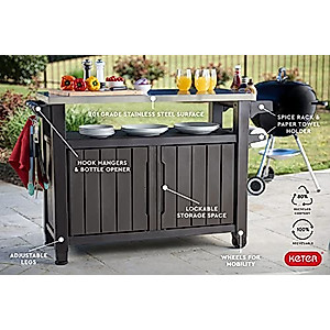 Keter Unity XL Portable Outdoor Table and Storage Cabinet w/ Accessory Hooks, Stainless Steel Top for Patio Kitchen Island or Bar Cart, Espresso Brown