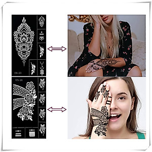 QSTOHENA 9 Sheets Henna Tattoo Stencils kit for Hand Reusable, Mehndi Temporary Tattoo Adhesive Templates Flower stencils for Women Girls Face Body Finger Art Paint