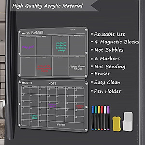 Acrylic Calendar for Fridge,16"×12" Acrylic Fridge Dry Erase Board, Clear Calendar for Fridge, Monthly Magnetic Calendars Board and Weekly Dry Erase Board, 6 Markers,1 Pen Holder and 1 Eraser (Clear)