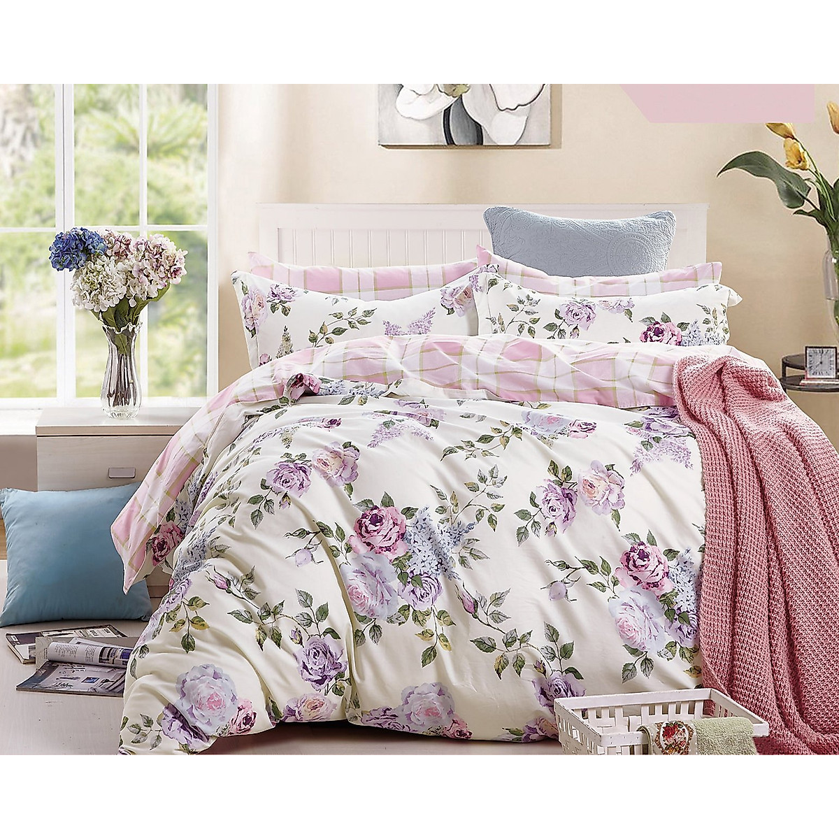 Swanson Beddings Pink-Purple Roses 5-Piece 100% Cotton Bedding Set: Duvet Cover, Two Pillowcases and Two Pillow Shams (King)