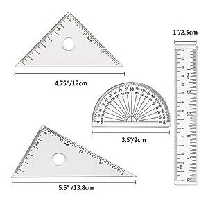 Coopay 4 Pieces Math Geometry Tool Set Includes Plastic Clear Ruler, Protractor, Triangle for School Office Home Supplies (6 inch)