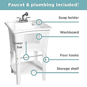 Zenna Home Utility Sink and Wall Cabinet Set: Includes Laundry Tub/Sanitation Station with Faucet, Plus Wall Cabinet (2 Doors, 3 Storage Shelves), for Laundry, Basement, Garage, Bathroom, Kitchen