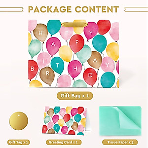 BGTCARDS Birthday Gift Bag with Tissue Paper and Card, Happy Birthday Gift Bags for Birthday, Party, Reusable Gift Bag for Presents with Handles - 13”x 10”x 5”, 1PCS