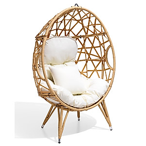 Crestlive Products Patio Wicker Egg Chair with Cushion and Pillow, Oversized Rattan Hanging Basket Lounge Chair with Legs, Teardrop Cuddle for Indoor Outdoor Bedroom Garden Deck Balcony (Beige)