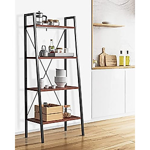 FURNINXS Ladder Shelf Bookcase, Bookshelf 4 Tier, Industrial Standing Shelf Storage Rack Storage Organizer Plant Stand, Steel Frame Book Shelf for Living Room/Bedroom/Kitchen/Bathroom - Red Brown