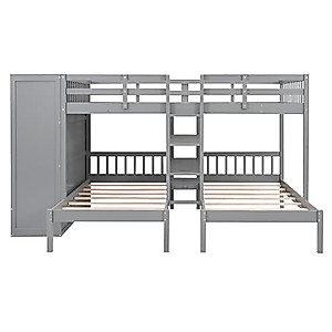 DEYOBED Full-Over-Twin-Twin Triple Bunk Bed with Large Wardrobe, Drawers and Shelves Storage, Wooden L-Shaped Bunk Beds with Mirror for Kids Teens Adults, Ideal Bedroom Furniture, Gray