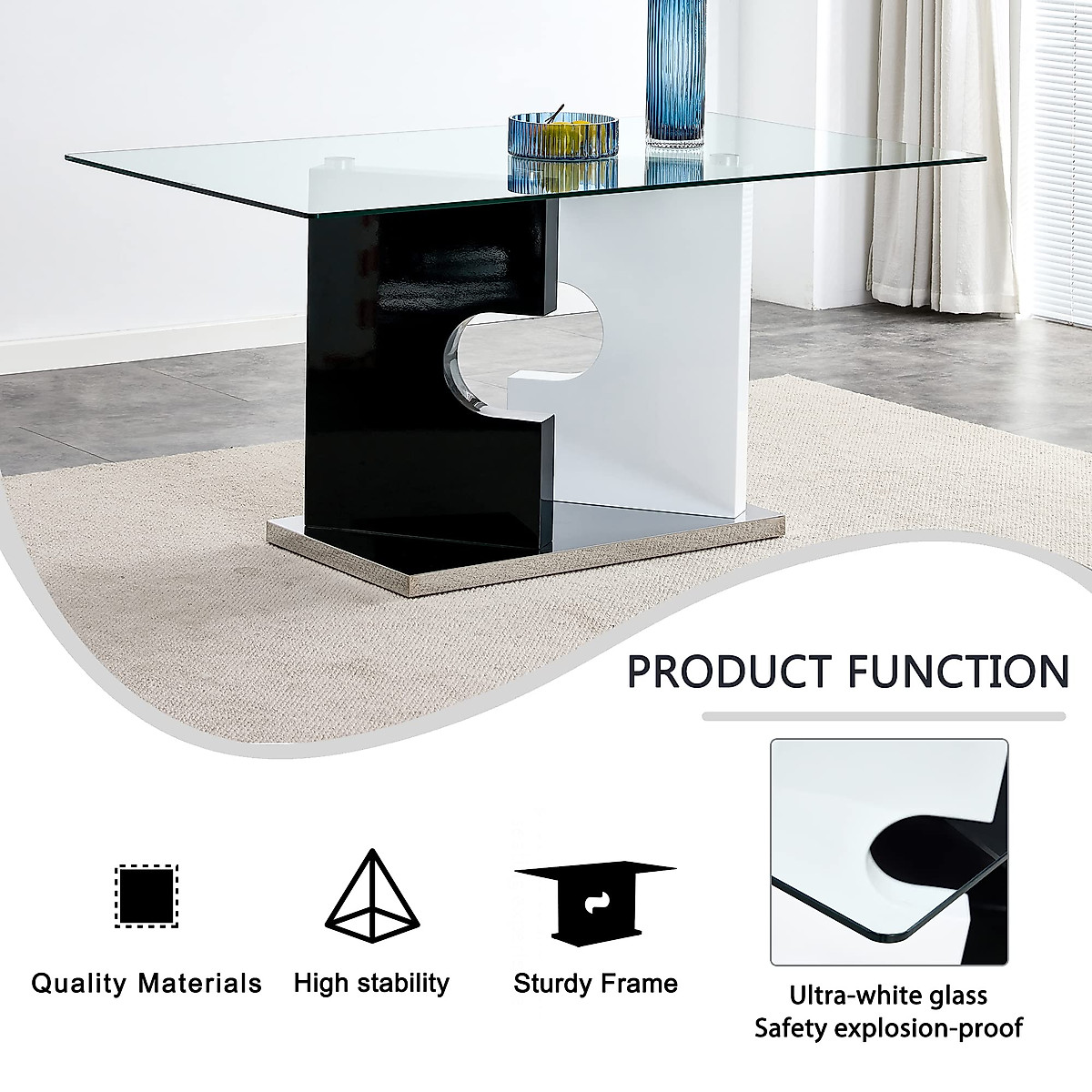 63 inch Glass Dining Table for 6 or 4, Modern Dining Room Table with Tempered Glass Tabletop and Double Pedestal Base, Large Rectangular Kitchen Table for Dining Room Banquet (Black&White)