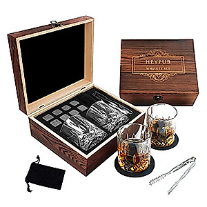 HEYPUB Whiskey Stones Gift Set,Whiskey Glasses Set 8 Granite Chilling Whisky Rocks, 2 Bourbon Glasses ,Best Drinking Gifts for Men Dad Husband Birthday Anniversary Present，Plus 2 Free Coasters.