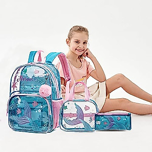 Meetbelify Mermaid Backpack for Girls Backpack with Lunch Box Set for Elementary Kindergarten Student Kids Clear School Bag for Girls