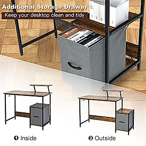 Tangkula Computer Desk with Reversible Fabric Drawer & Moveable Shelf, Industrial Style Study Writing Desk, Large PC Laptop Desk w/Hook, Home Office Computer Workstation (Black & Rustic Brown)