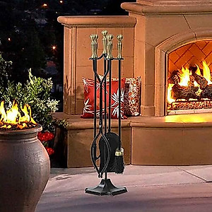 Amagabeli 5 Pieces Fireplace Tools Sets Brass Handles Wrought Iron Set and Holder Indoor Outdoor Fireset Fire Pit Stand Rustic Tongs Shovel Brush Chimney Poker Wood Stove Hearth Accessories Kit Large