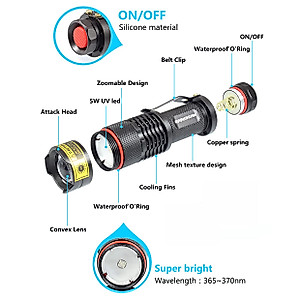 DARKBEAM UV 365nm Light Wood's lamp Blacklight Ultraviolet Flashlight LED Portable Mini Handheld Torch Detector for Dog Urine Pet Stains 370nm Anti-counterfeiting Identification, Resin Curing