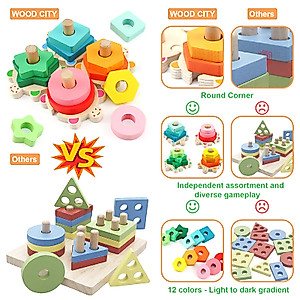 WOOD CITY Stacking Toys for Toddlers 1-3, Montessori Shape Sorter Baby Toys 12-18 Months, Wooden Block Educational Puzzle Toys for Boys Girls 1 2 3 4 Year Old Preschool Learning Gifts