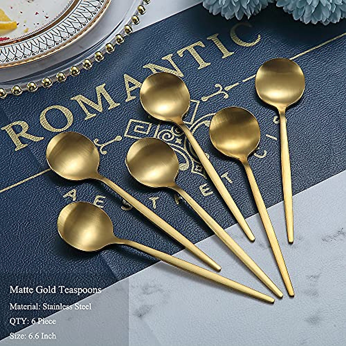 Matt Gold Teaspoons 6 Piece, 6.6&#039;&#039; Spoons Silverware, Stainless Steel Small Spoons, Tea Spoons for Home, Kitchen or Restaurant, Dishwasher Safe (Matt Gold-6.6 Inches)