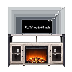 OKD Fireplace TV Stand Highboy for 65 inch TV, Industrial Entertainment Center w/ 23” Electric Fireplace, 33" Tall Media Console Cabinet w/Soundbar Shelf, Light Rustic Oak