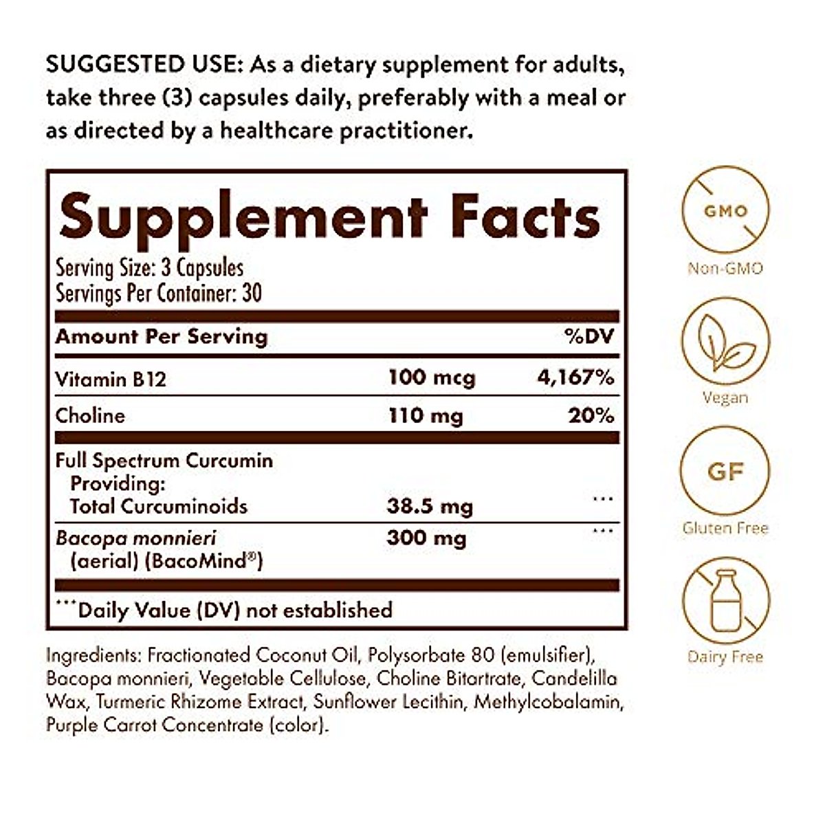 Solgar Full Spectrum Curcumin Brain Works, 90 Licaps - Support Memory Recall, Focus, Cognitive Function - Antioxidant Support - Curcumin, BacoMind, Choline, Vitamin B12 - Non-GMO, Vegan - (Pack of 2)