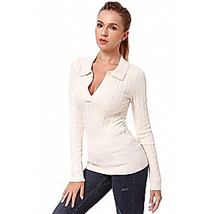 AmélieBoutik Women Collar V Neck Cable Knit Long Sleeve Pullover Sweater (Creamy White X-Small)