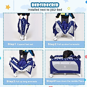 Heyo.Ja Baby Bassinet Bedside Crib, Portable Playard 4 in 1 Convertible Pack and Play with Mattress, Foldable Travel Crib for Girls Boys Infant Newborn (Navy)