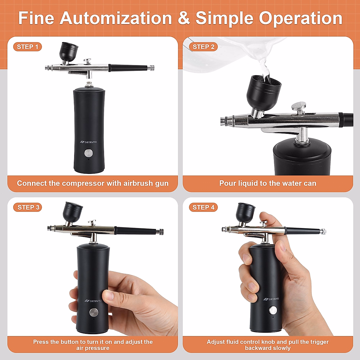 ORTRVYQ Airbrush Kit, Rechargeable Cordless Airbrush Compressor 0.3mm Nozzle 32PSI High Pressure Air Brush Set for Cake Decor, Barber, Tattoo, Nail Art, Makeup, Model Painting Black