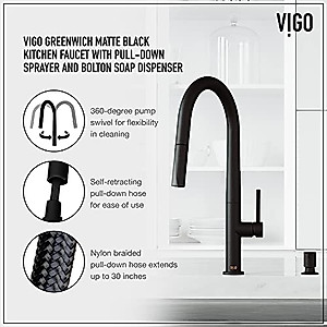 VIGO Greenwich Matte Black Kitchen Faucet with Pull-Down Sprayer | Solid Brass Faucet for Kitchen Sink with Bolton Soap Dispenser | Single-Handle Kitchen Sink Faucet with Swivel Sink Sprayer