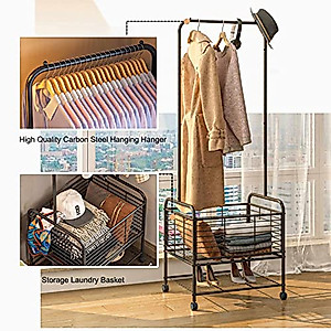 Laundry Cart with Clothes Rack,Rolling Laundry Hamper Basket Cart with Metal Wire Storage Rack and Hanging Rack ，Laundry Butler Garment Rack Storage Rack