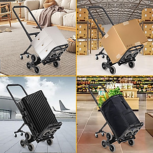 JustSmart Stair Climbing Hand Truck Cart, 375 LBS Capacity Steel Folding Dolly Cart for Stairs, Heavy Duty Stair Climber Trolley with Support Arm and 10 TPR Silent Wheels for Shopping Moving