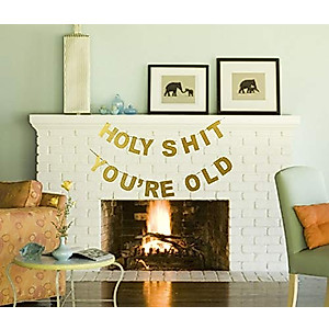 Holy Sht You're Old Banner Gold Glitter Funny Birthday Banner for Retirement Birthday Party Celebration