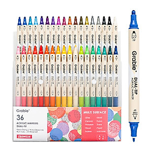 Grabie 36 Colors Dot Paint Acrylic Paint Pens, Acrylic Paint Markers Dual Tip (Fine 1mm + Dot 5mm), Acrylic Markers for Fabric, Canvas, Rock, Glass, Wood, Paper, DIY, Dot Markers for Adults