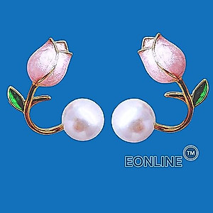 Tulip Pearl Stud Earrings Jewelry 14K Gold Plated Oil Drop Pearl Pink Flower Earrings Women by EONLINE