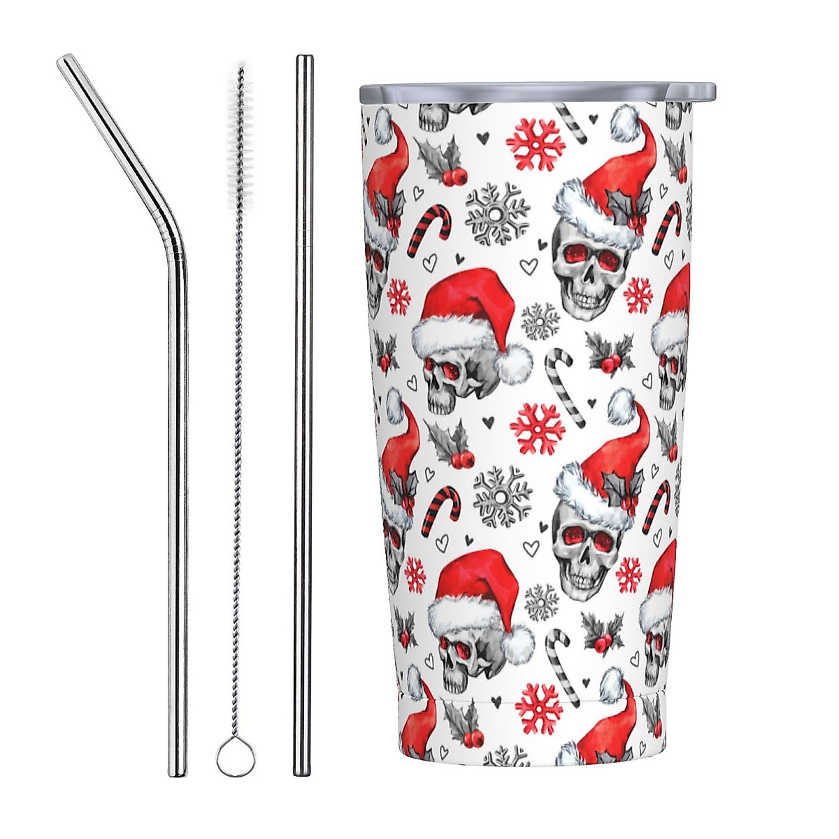DreamStar Merry Christmas Skull 20oz Insulated Tumbler With Flip Lid And Straw Stainless Steel Cup Travel Tumbler Coffee Mug