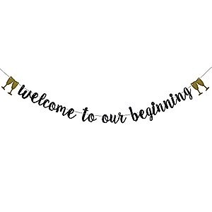 Welcome To Our Beginning Banner,Pre-Strung, Black Glitter Paper Party Decorations For Housewarming Bachelorette Friends Party Engagement Birthday Bridal Shower Party Supplies Letters Welcome To Our Beginning