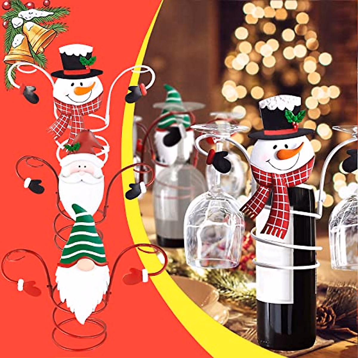 Christmas Holiday Wine Bottle & Glass Holders Countertop, Hold 1 Wine Bottle and 2 Glasses, Perfect for Home Decor & Kitchen Storage Rack, Bar, Wine Cellar, Cabinet, Dining Tabletop (Set of 3)