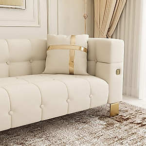 MoLiFaning 89" Modern Chesterfield Velvet Sofas Mid Century Modern Button Tufted Velvet Couches with 2 Pillows and Gold Legs,for Living Room Apartment Bedroom Office Beige