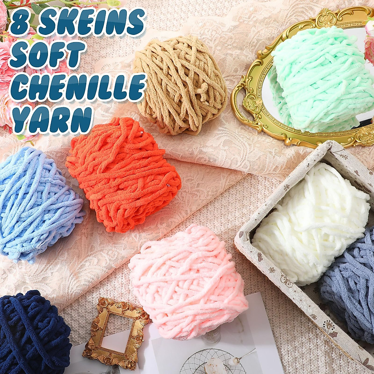 Buryeah 8 Pack Chunky Chenille Yarn for Crocheting Soft Thick Fluffy Yarn for Hand Knitting Bulky Velvet Blanket Plush for Weaving DIY Crafts Each 3.5 oz 55 Yards (Multicolor)