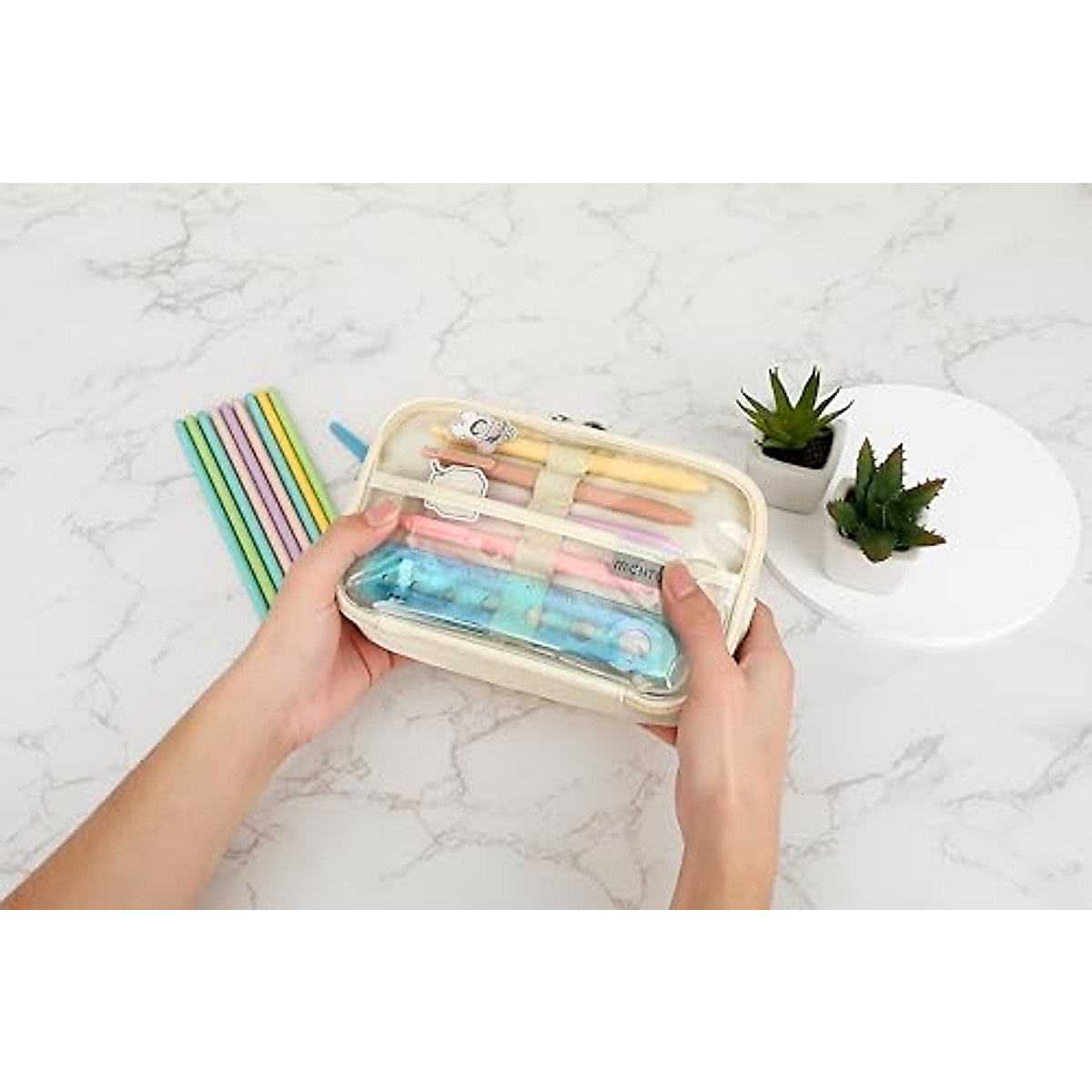 MICHTUNE Pencil Case, Large Capacity Zipper Pencil Pouch, Multi- Slot Pen Bag, Transparent Makeup Bag, Portable Office Stationery Pencil Bag (White)