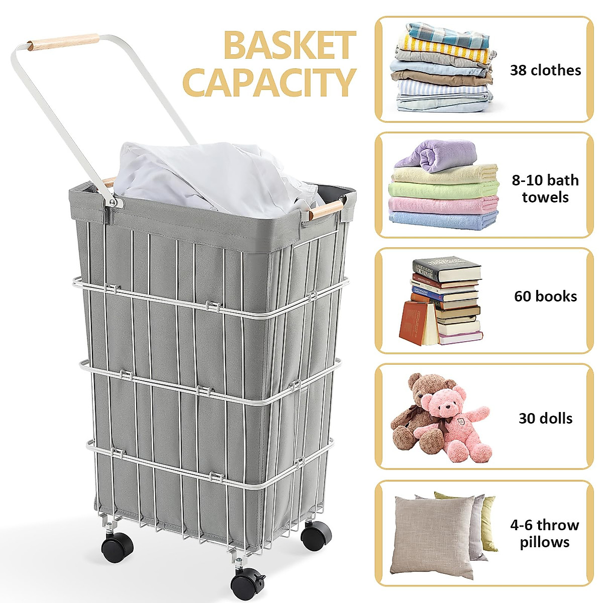 TOOLF Rolling Laundry Hamper, Large Laundry Basket with Handle, Metal Frame Clothes Hamper for Bedrooms, Tall Laundry Bin with Cloth Covers, Grey