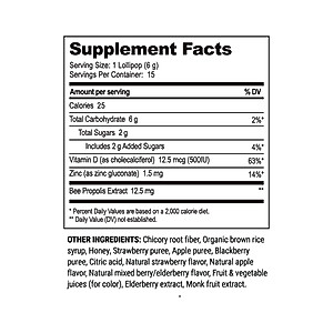 Kids Throat Soothing Lollipops by Beekeeper's Naturals - Doctor Formulated Immune Support, Vitamin D & Honey, Under 2g Sugar, Clean Ingredients,15 ct