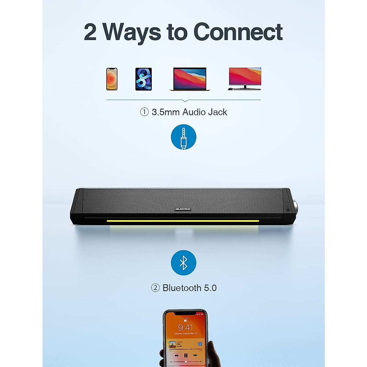 Computer Speakers, Bluetooth Soundbar, HiFi Stereo, 3.5mm Aux-in Connection, USB Powered Speakers for Desktop Monitor, PC, Laptop, Tablets