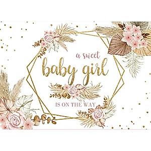 Homewelle Boho Bohemian Floral Sweet Baby Girl Backdrop 7Wx5H Feet Polyester Fabric Baby Shower Blush Pink Flower Pampas Grass Gold Party Decoration Newborn Photography Background Photo Shoot Prop