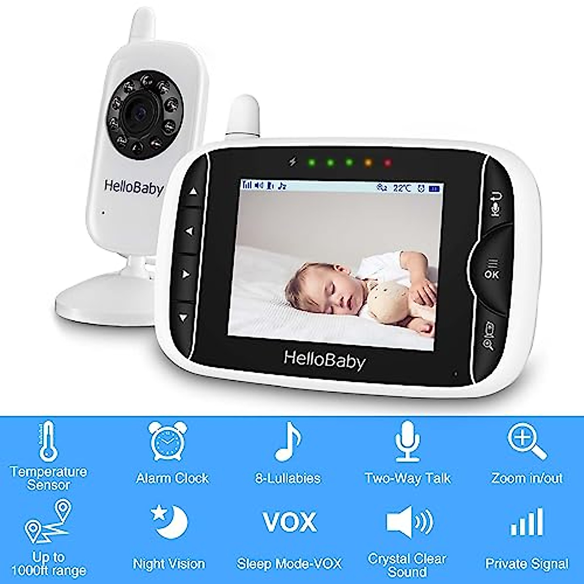 HelloBaby Video Baby Monitor with Camera and Audio - 3.2Inch Baby Camera Monitor IPS Display, Baby Monitor No WiFi, Two-Way Audio, VOX Mode, Infrared Night Vision, Temperature Monitoring, Lullaby