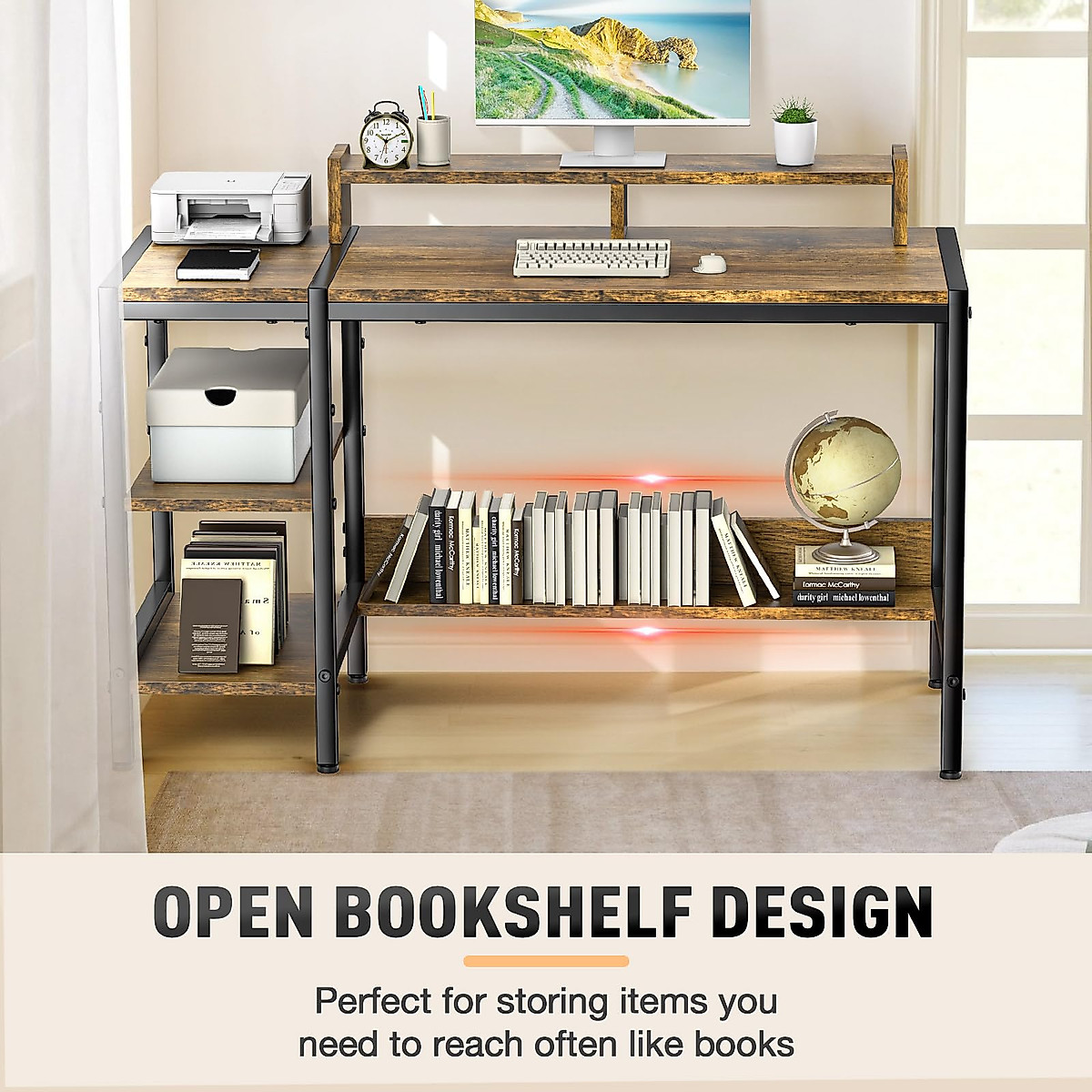 Gimars Upgrade 47” Computer Home Office Desk with Monitor Stand, Rustic Writing Desk with Adjustable Shelves & Large Bookshelf, Easy Assembly Gaming Desk, Spacious, Modren Design for Home Office