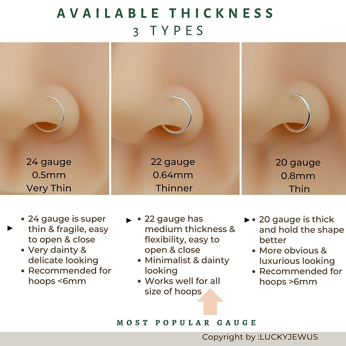 925 Sterling Silver Nose Rings Hoops for Women Men, Dainty Small Thin Nose Piercings Jewelry Handmade Septum Rings 7mm 22 Gauge