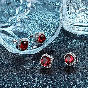 Jstyle 18K White Gold Plated Halo Stud Earrings 925 Sterling Silver Cubic Zirconia Stud Earrings Round Square Red Stud Earrings Set for Women Men CZ Birthstone Jewelry Gifts
