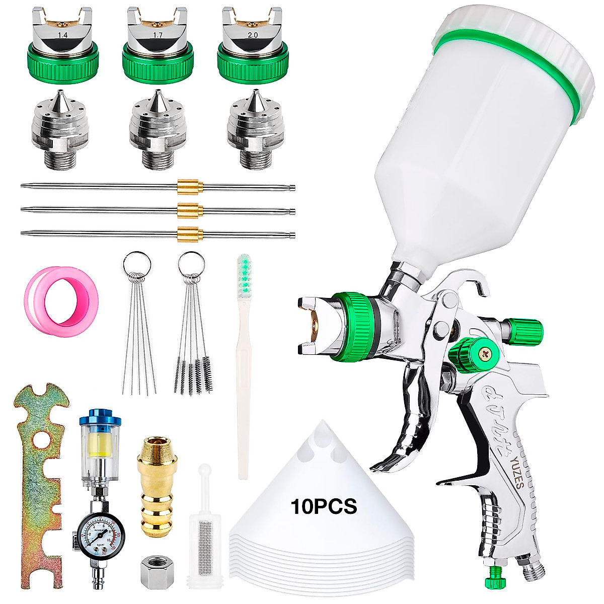 YUZES HVLP Spray Gun with 1.4/1.7/2.0mm Copper Nozzles, Automotive Paint Gun Set, Spray Paint Gun with Air Regulator and 10 PCS Paper Funnel, Paint Gun for Cars Primer, Furniture, DIY (Green)