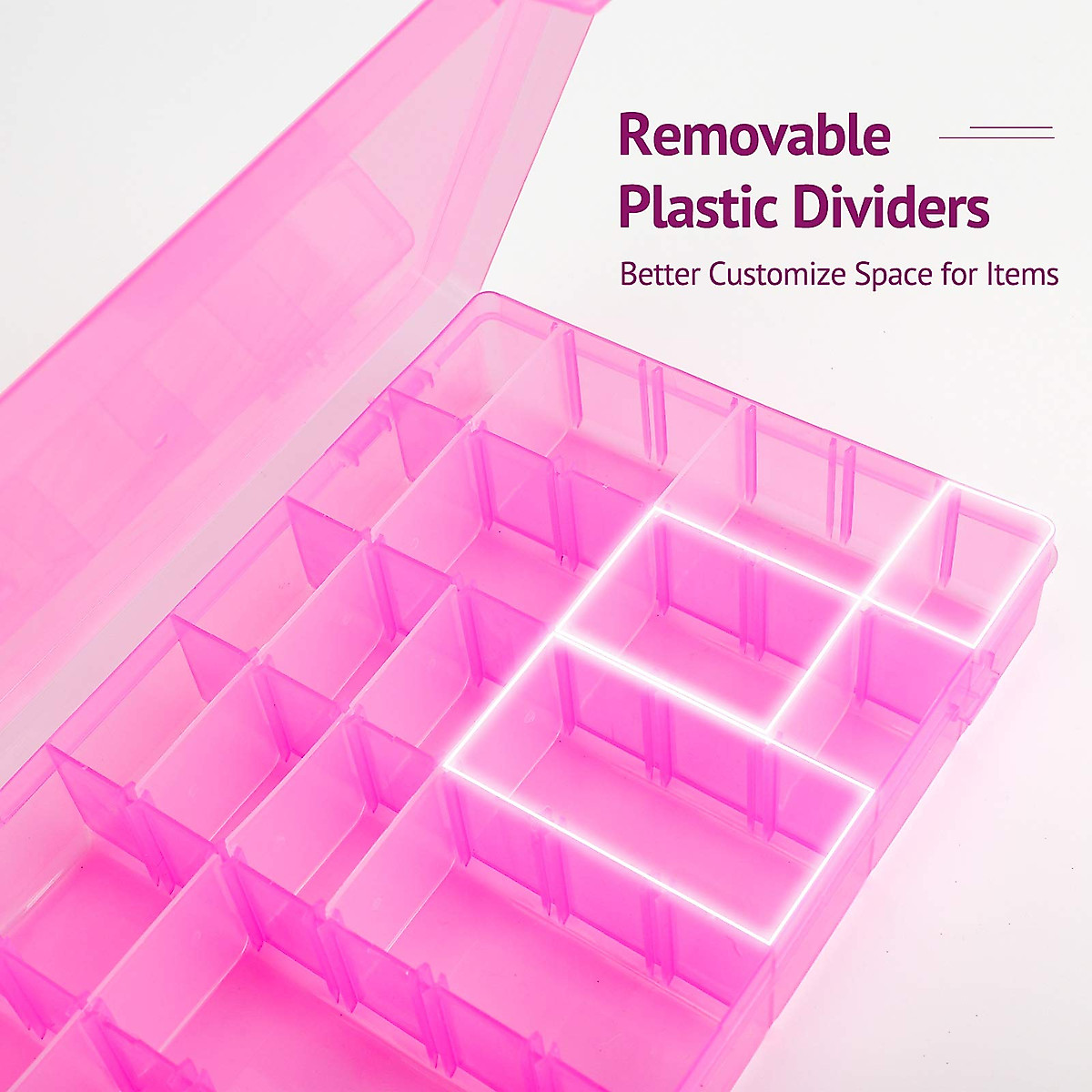 False Nail Container, Cosics Bright Pink 36-Gird Plastic Nail Art Organizers Storage Box with Adjustable Dividers, False Jewelry Diamonds Charms Nail 3D Decorations Manicure Accessory Holder Case