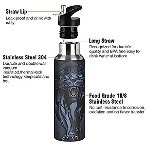 senya 20 Oz Water Bottle with Straw Roaring Black Panther Stainless Steel Water Bottle for Traveling Sports Leakproof Insulated Water Bottle