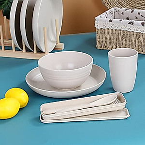 Wheat Straw Dinnerware Sets, 28PCS Plastic Plates and Bowls Sets College Dorm Room Essentials Dishes Set with Cutlery Set Microwave Safe (Beige)