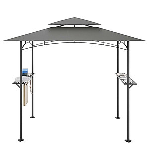 8X 5 FT Grill Gazebo Canopy Top, Gazebo Roof Double Tiered, Water-Repellent, Outdoor BBQ Roof Cover Grill Shelter with 2 Side Shelves, 5 Hooks, Bottle Opener, Barbecue Grill Gazebo Shelter (Gray)