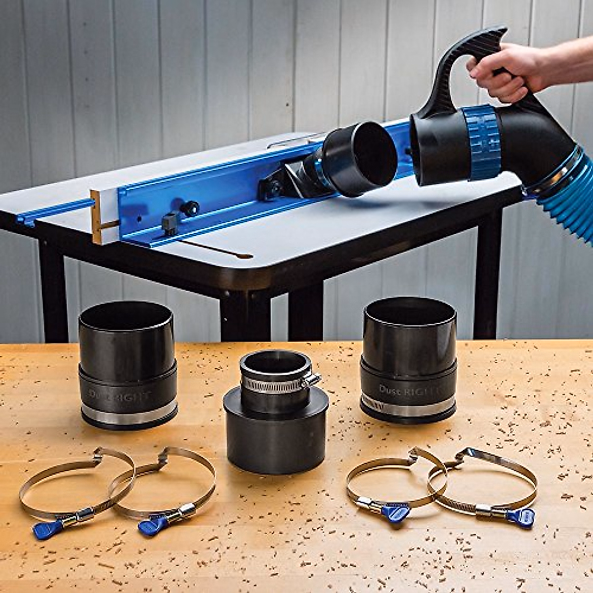 Rockler Dust Collection Fittings – Polymer Dust Right Quick Change Multi-Port Tool Set w/Quick Change Handle, 2.5'' to 4'' Tool Ports, 4'' Keyed Bridge Hose Clamps – Shop Dust Collection Fittings
