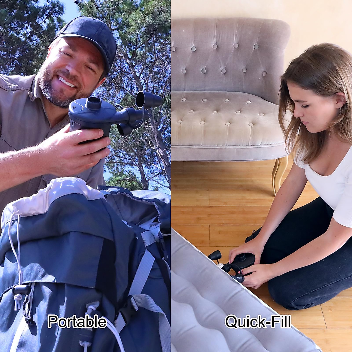 Electric Air Pump, AGPtEK Portable Quick-Fill Air Pump with 3 Nozzles, 110V AC/12V DC, Perfect Inflator/Deflator Pumps for Outdoor Camping, Inflatable Cushions, Air Mattress Beds, Boats, Swimming Ring